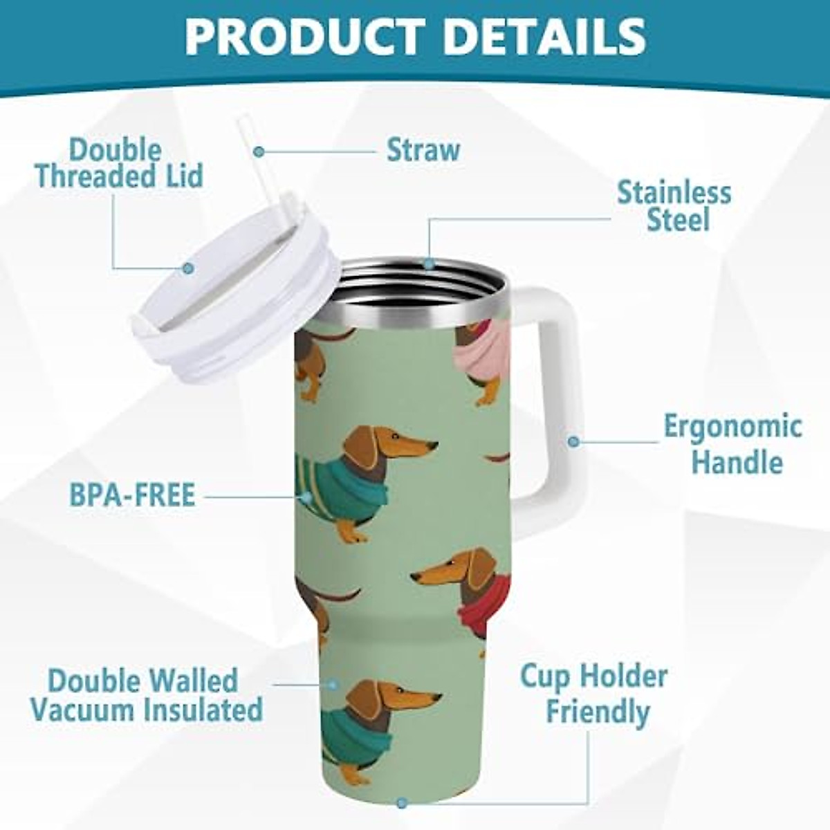 Jihqo Cute Dachshunds 40 oz Stainless Steel Vacuum Insulated Tumbler with Handle and Straw Lid, Leakproof Water Bottle Double Wall Travel Mug Coffee Cup, Cupholder Friendly