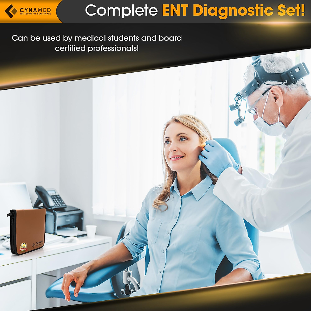 CynaMed ENT Diagnostic Kit - Ear, Nose, Throat Examination Instruments Set - Otoscope, Opthalmoscope, Earwax Remover, Nasal Dilator, Speculum, LED Lights, Mirrors, Replacement Tips, Leather Carry Bag