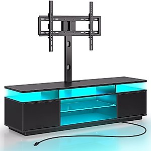 Rolanstar TV Stand with Mount and Power Outlet 51.2", Swivel TV Stand Mount for 32/45/55/60/65/70 inch TVs, Height Adjustable Modern Entertainment Center with Storage & LED Lights, TV Table Black