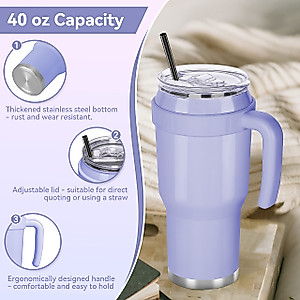 Rietore 40 oz Tumbler with Handle and Straw, Stainless Steel Tumblers Insulated Tumblers with Lids Double Wall Vacuum Coffee Travel Mug, Sweat Proof, Leak Proof, Glacier Blue