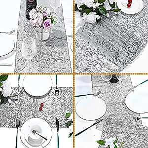 6 Pieces 12 x 108 Inches Sequin Table Runner Glitter Sequin Rectangular Table Runner Cloth for Birthday Wedding Baby Shower Bachelorette Holiday Celebration Party Decorations (Silver)