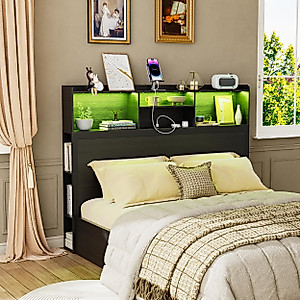 PAKASEPT Queen/Full Headboard Only for Bedroom, Stylish Bookcase Headboard with Charging Station & LED Lights, Headboards with Storage, 4-Tier Bookcase Headboard and Side Storage, Black