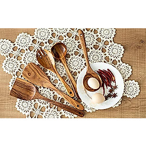 Wooden Kitchen Utensils Set, 5 PCs Natural Acacia Spurtle Set for Non-stick Pan Kitchen Tool Ladle and Wok Spatulas, Salad fork