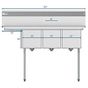 KoolMore 3 Compartment Stainless Steel NSF Commercial Kitchen Sink with Drainboard - Bowl Size 12" x 16" x 10",Silver