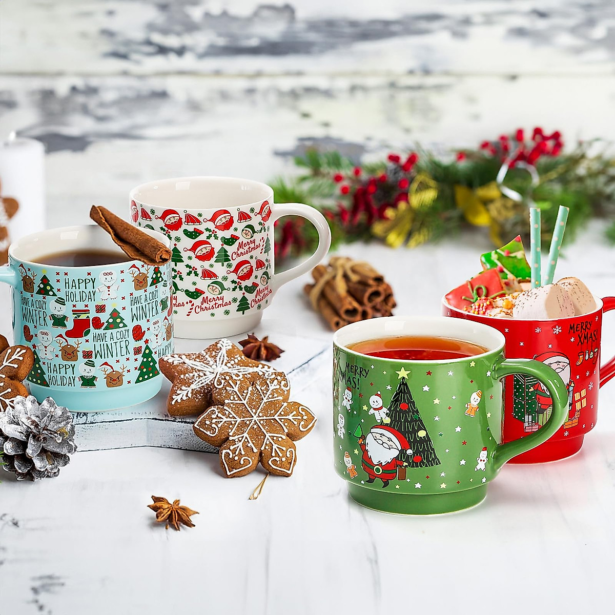 Elsjoy Set of 4 Christmas Stackable Coffee Mugs with Rack, 15 oz Christmas Coffee Mugs with Metal Stand Ceramic Mug Set, Xmas Holiday Cappuccino Cups for Cocoa, Latte, Americano