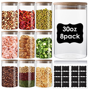 Claplante 8 Pack Glass Food Storage Containers Jars with Airtight Bamboo Lid, 30oz Pantry Organization Jar for Spice, Tea, Flour & Sugar Container, Canister Set for Kitchen Counter, Glass Terrarium