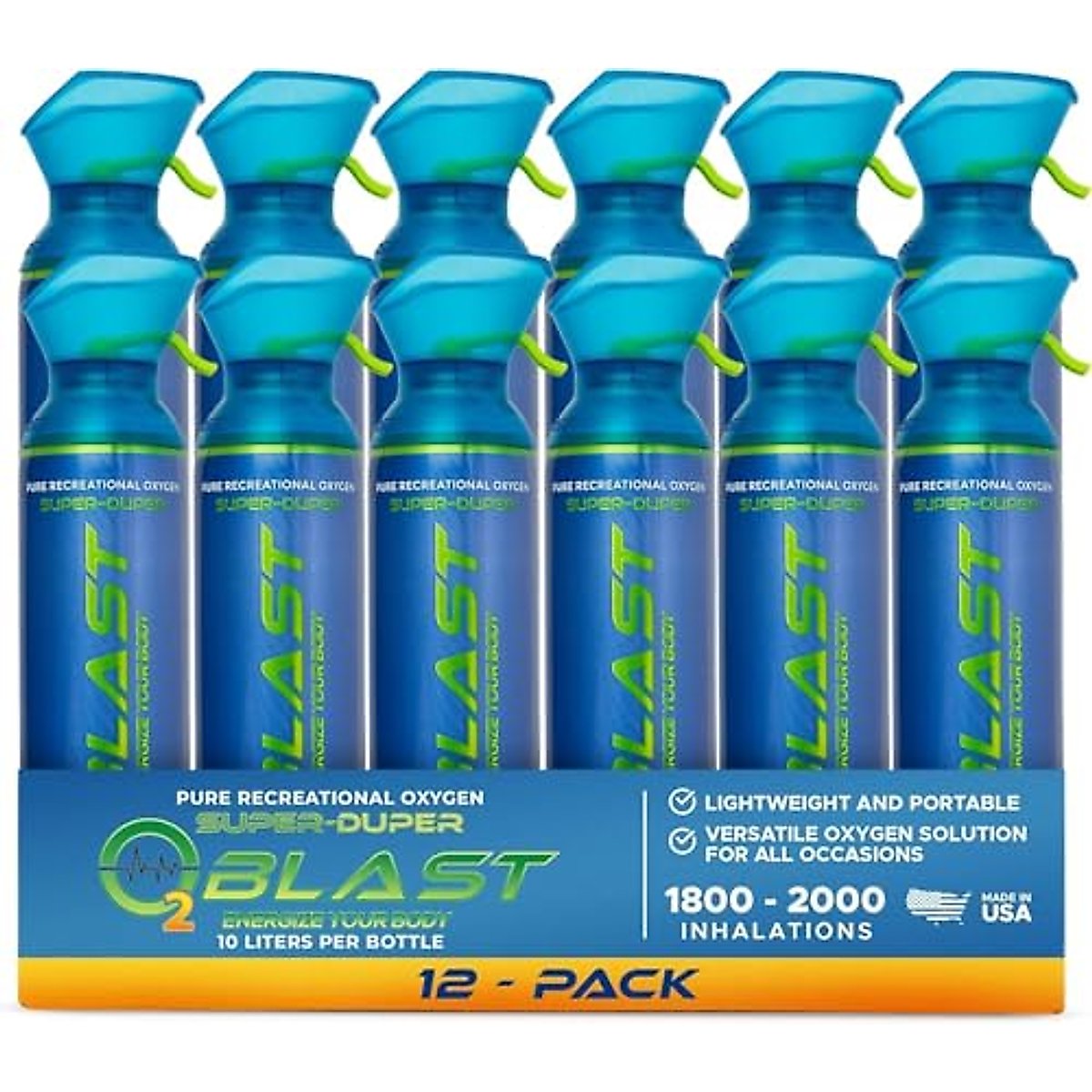 O2 Blast, Pure Oxygen Supplement, 10L Portable Can with Custom Breathing Mask for Respiratory Support, Elevate Oxygen Levels, Speed Recovery Time, Perfect for High Altitude & Sports Recovery (12-Pack)