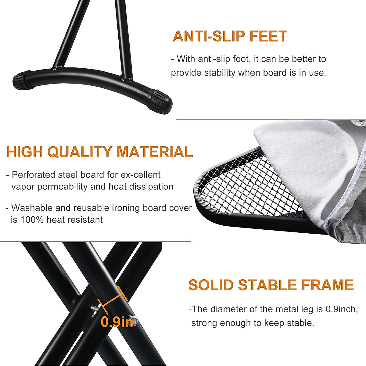 PickyanDco Foldable Ironing Board with Heat Resistant Cover, Steam Iron Rest and Non-Slip Legs - Sturdy Metal Frame Full Metal Construction Iron Board(14 * 34 * 53inches)