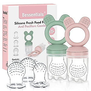 Baby Fresh Fruit Food Feeder Pacifier - 2 Packs BPA Free [3 Sizes Silicone Food Pouches Included] (Light Pink & Grass Green)