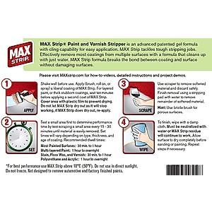 Max Strip Paint & Varnish Stripper 32oz - Paint Stripper for multiple layers of acrylic, latex, oil & water-based paints, varnishes. For wood, metal, masonry, plaster, tile, molding.