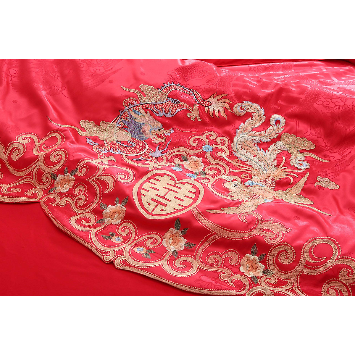 I-MART King Size Chinese Wedding Red Bedding Set, Asian Bedding with Dragon and Phoenix Bird Embroidery Duvet Cover Set of 4