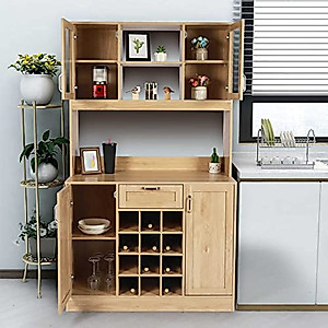 OKL Kitchen Pantry Storage Cabinet, 71" Traditional Freestanding Kitchen Buffet with Hutch with Microwave Countertop & Shelves, Kitchen Cupboard with Glass Doors for Living Room, Dining Room, Brown