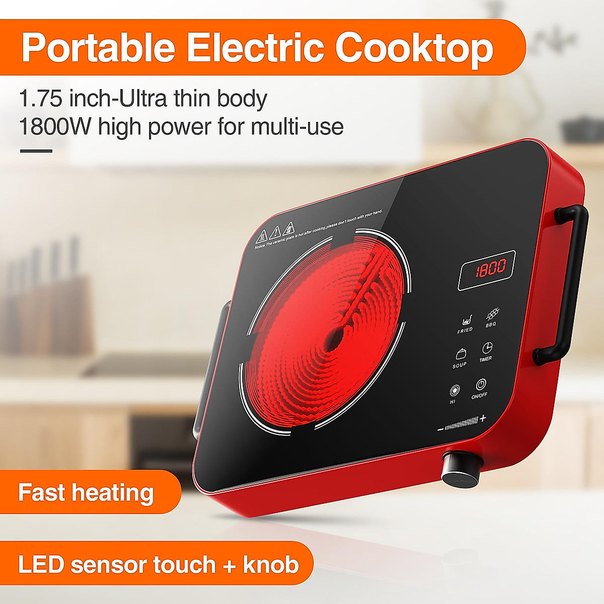 VBGK Electric Cooktop, 1800W Single Cooktops with 2 Handle, Electric Hot Plate for Cooking, Electric Stove top with 9 Power Level, 4H Timer Touch and Knob Control,Portable Induction Cooktop