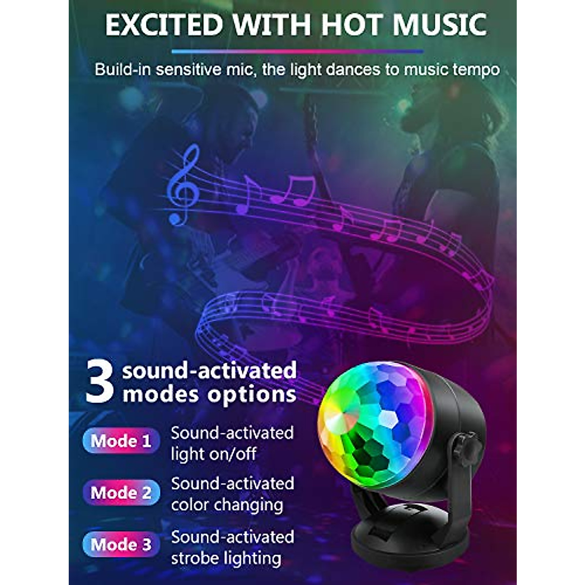 [4-Pack] Sound Activated Party Lights with Remote Control, Battery Powered/USB Portable RBG Disco Ball Light, Dj Lighting, Strobe Lamp 7 Modes Stage Party Supplies for Home Room Dance Parties Karaoke