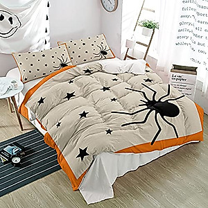 Halloween Spiders Queen Duvet Covers Scary Animal Black Stars 3-Piece Bedding Sets Luxury Soft Microfiber Bed Comforter Protector with Pillow Cases for Women Men Girl Boy Retro Burlap Orange Border
