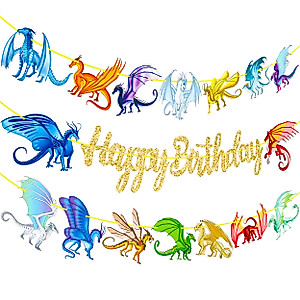Dragon Birthday Party Banners Dragon Party Gold Happy Birthday Banners Dragon Theme Birthday Party Hanging Decoration for Fantasy Dragon Party Dragon Theme Baby Shower Supplies