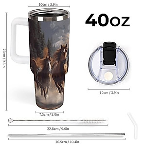LLUTSNTH 40 Oz Vacuum Tumbler with White Handle Leakproof Insulated Tumbler Horses Stainless Steel Travel Mug with Lid And Straw Coffee Cup Cute Water Bottles Cup Holder Friendly