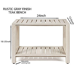 TeakCraft Gray Teak Shower Bench with Shelf 24 Inch for Bathroom, Spa - Fully Assembled, Shower Stool, Rustic Gray Finish, The Luni