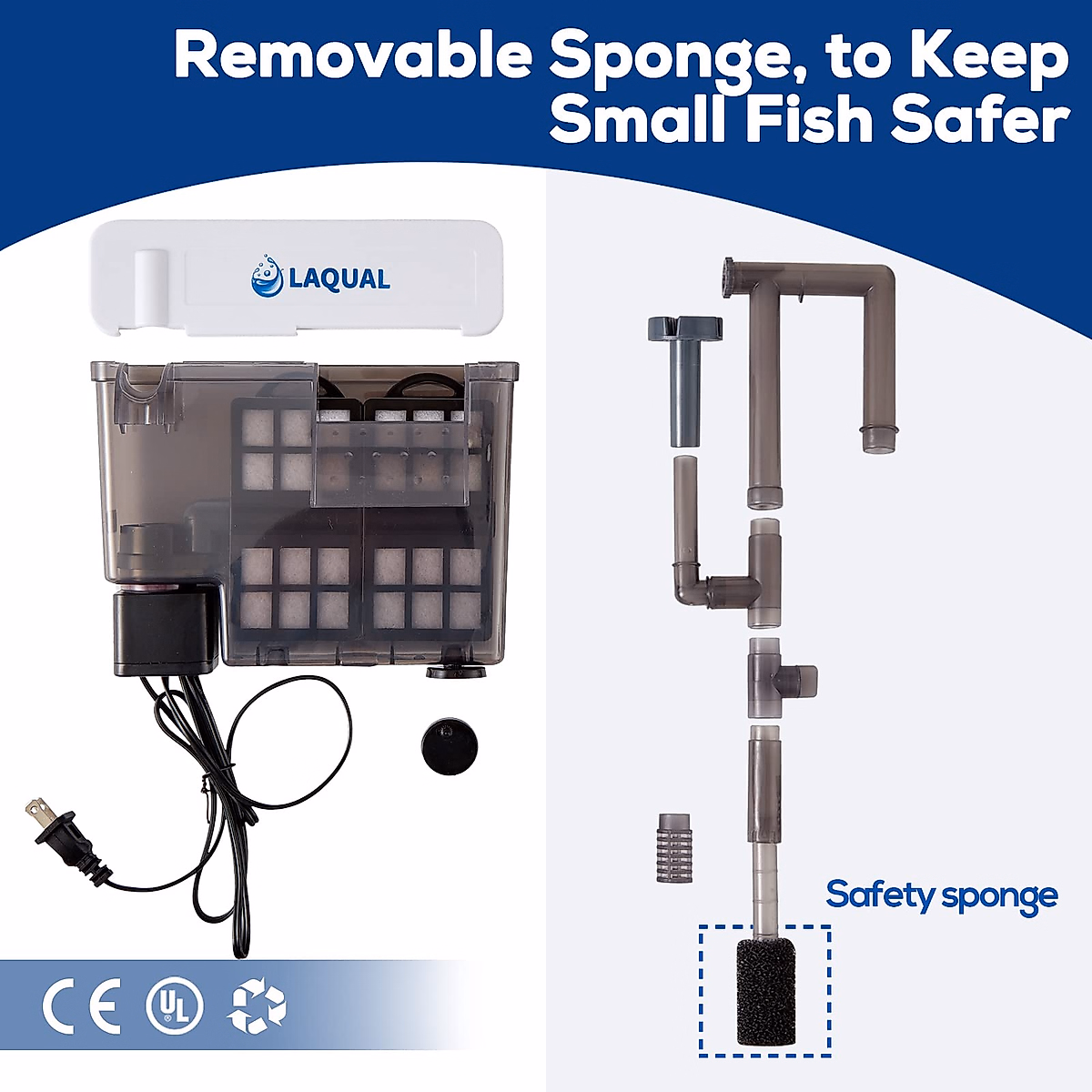 LAQUAL Aquarium Filter with Surface Skimmer, 30-50 Gallon Small Fish Tank Filter, Full Contact & 3 Layer Filtration, Quiet & Efficient, Waterfall Design for Increasing Oxygen, Hang on Back Filter