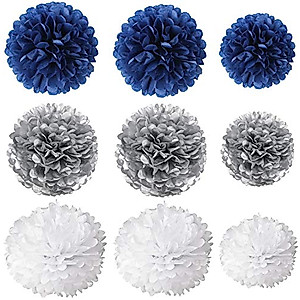 Kubert Outer Space Birthday Party Decorations 1st Birthday Boy Prince Party Decorations with Navy Silver Tissue Pom Poms Decorations Happy Birthday Banner Navy Blue Glitter Silver Paper Star Garlands
