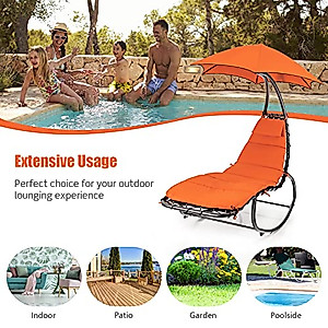 Tangkula Hanging Chaise Lounge Chair, Rocking Hammock Swing Chair with Cushion, Built-in Pillow, Removable Canopy, Outdoor Hanging Curved Chaise Lounger for Poolside, Backyard, Garden (Orange)