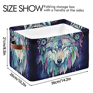 KJIZMO Wolf and Dream Catcher Foldable Storage Basket for Shelves, Collapsible Sturdy Storage Bin with Handles, Canvas Storage Cube for Organizing Closet 1PC