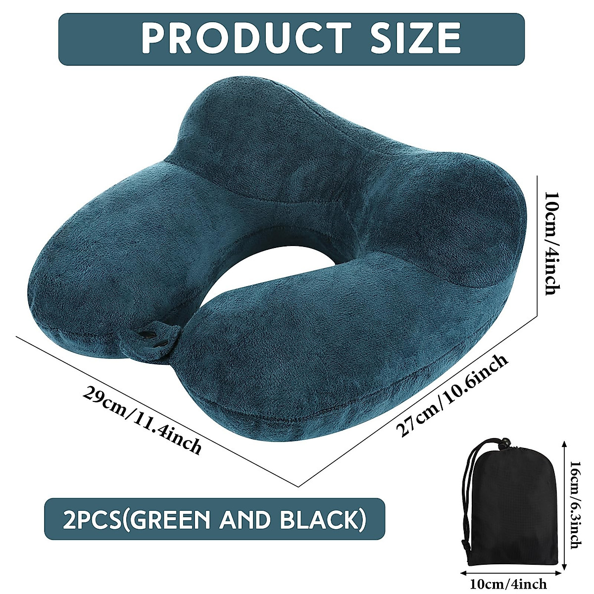 Sintuff 2 Pack Inflatable Travel Pillow for Airplanes Inflatable Neck Flight Pillows with Compact Bag and Blindfold for Traveling, Airplane, Train, Car, Office(Peacock Green and Black)