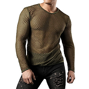 JOGAL Men's Mesh Fishnet Fitted Long Sleeve Muscle Top Small WG04 ArmyGreen