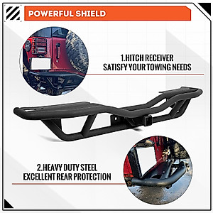 ECOTRIC Tubular Rear Bumper Compatible with 2007-2018 Jeep Wrangler JK W/ 2" Hitch Receiver Steel Rock Crawler Textured Black