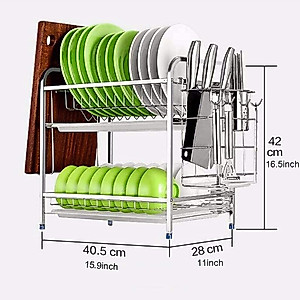Plate Rack Draining Dish Rack Dish Drying Rack 304 Stainless Steel 2 Tier Dish Rack With Drain Board, Utensil Holder, Cutting Board Pan Plate Holder