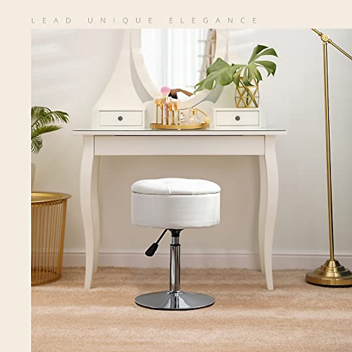 LUE BONA 360°Swivel Vanity Stool Chair for Makeup Room, Height Adjustable Stool for Vanity with Storage, Small White Faux Leather Vanity Stool for Bathroom, Living Room