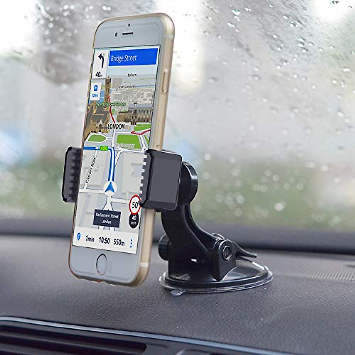 APPS2Car Suction Cup Phone Holder for Car with Adjustable Arm, Low Profile Dashboard Phone Mount Compact Windshield Window Dash Mobile Stand Compatible w/All iPhone and Android Cell Phones