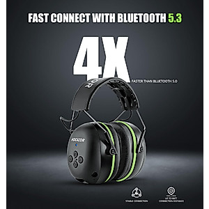 Hocazor HZ07 Upgrade Bluetooth 5.3 Hearing Protection Built-in 1500 mAh Rechargeable Battery 40 Hours+ Playing Time Noise Cancelling 25dB NRR Earmuffs NRR 25dB for Mowing Workshops, Green