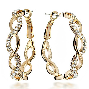 Gemini Women 18K Yellow Gold Plated Crystal Big Round Hoop Pierce Earring birthday Gift Sz 4cm Diameter