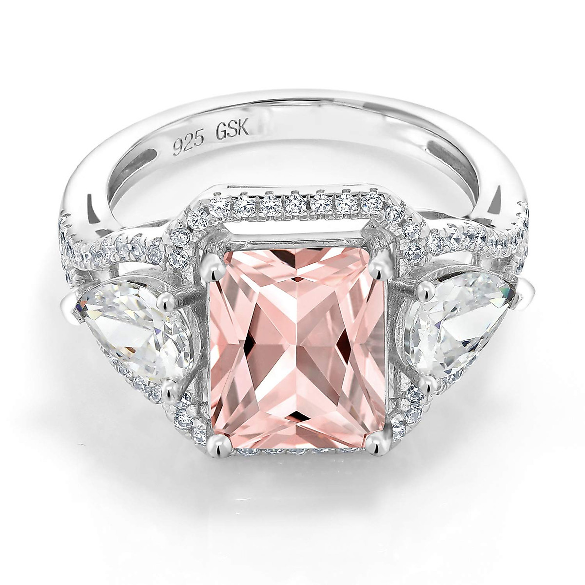 Gem Stone King 3.99 Cttw Peach Nano Morganite Ring For Women In 925 Sterling Silver | Emerald Cut 10X8MM | Gemstone October Birthstone | Available In Size 5, 6, 7, 8, 9
