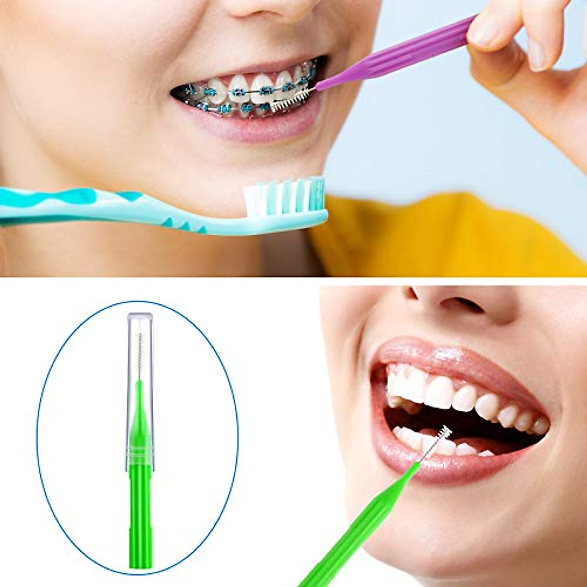 50 Pieces Braces Brush for Cleaner Interdental Brush Toothpick Dental Flossing Head Oral Hygiene Flosser Tooth Cleaning Tool (Light Blue, Purple, Yellow, Gray, Light Green)