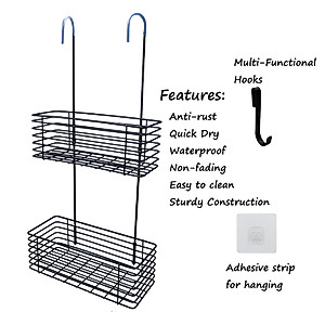 Semetall Hanging Shower Rack Black Shower Caddy Hanging with Hooks-No Drilling-the Back Hook Can be Rotated- Hung on the Faucet or Cross Bar-304 Stainless Steel-(Double Shelves)