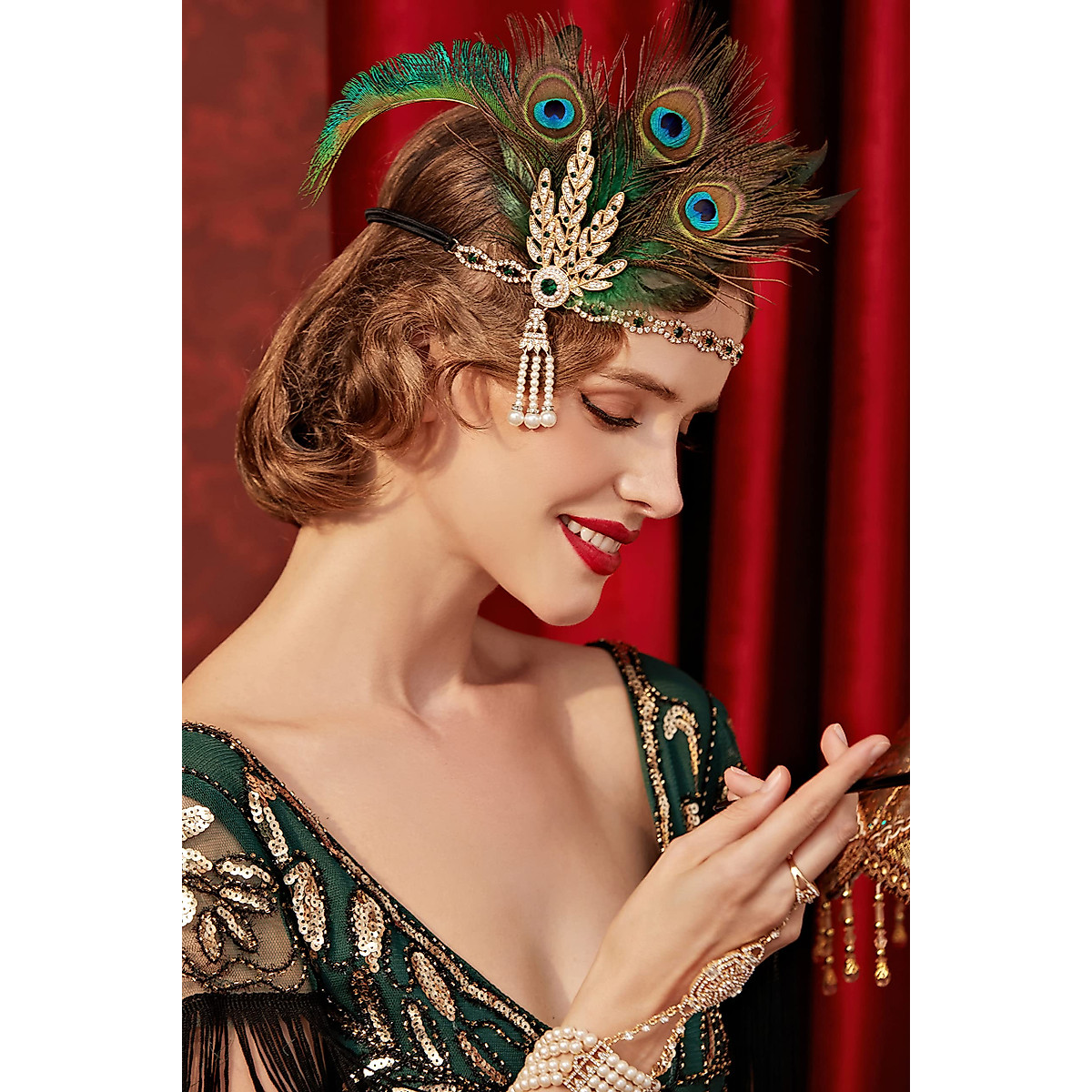 BABEYOND 1920s Flapper Headband Feather Headpiece Roaring 20s Gatsby Hair Accessories for Women (Peacock Green)