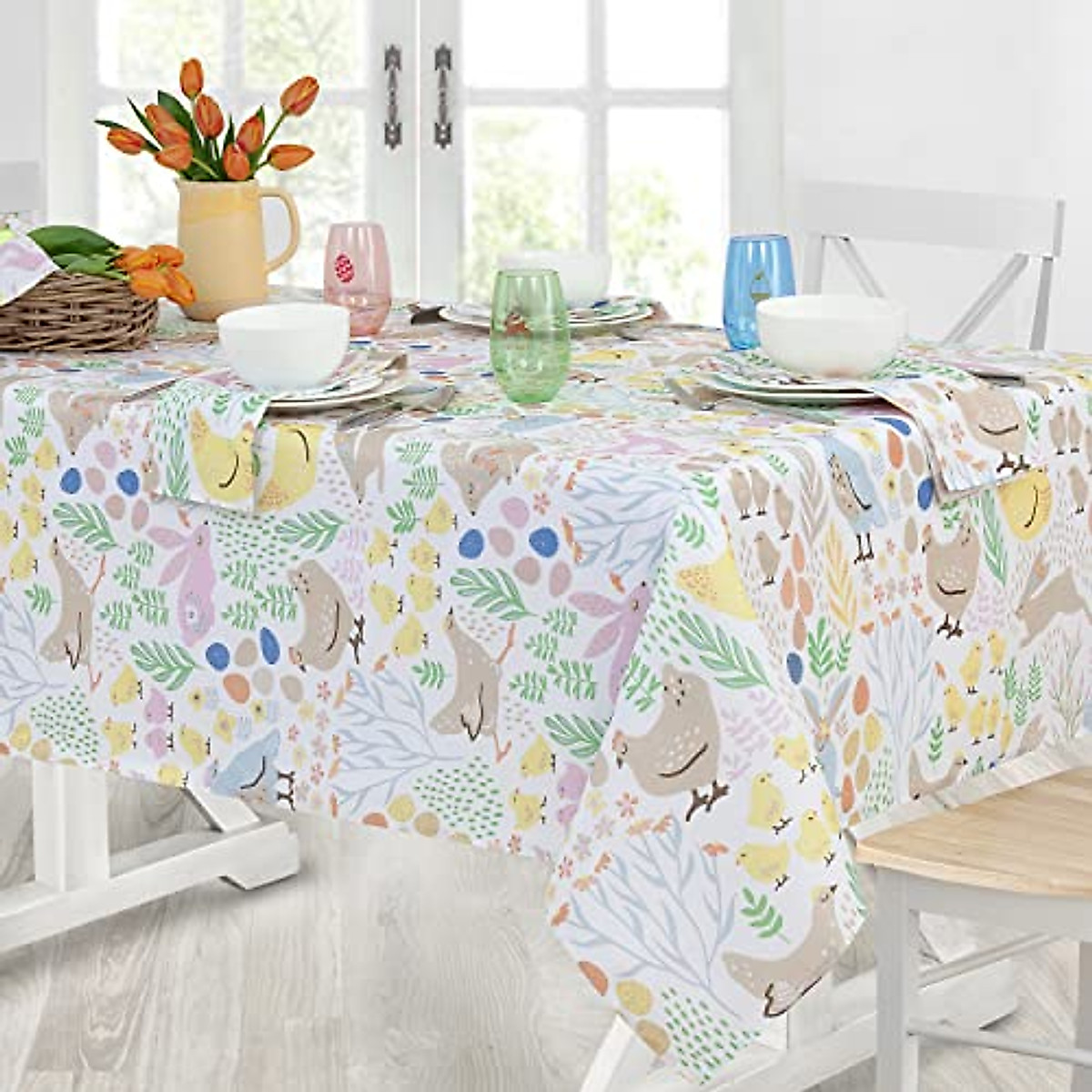 Home Bargains Plus Easter Fun Fabric Tablecloth, Bunny Rabbit, Easter Egg and Chicks Print Stain and Wrinkle Resistant Spring Tablecloth, 52” x 52” Square
