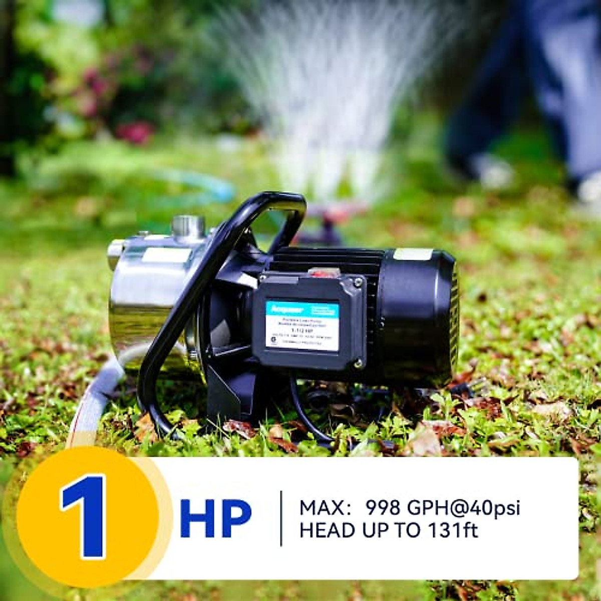 Acquaer 1HP Portable Shallow Well Pump Garden Pump, Stainless Steel, 998GPH, 115V Sprinkler Pump Water Transfer Draining Irrigation Pump for Water Removal/Lawn Garden