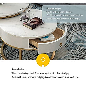 Round Nesting Coffee Table Two-Piece Living Room Coffee Table, Golden Frame Slate Coffee Table with Drawers, Suitable for Small Storage Table in Living Room Office Balcony