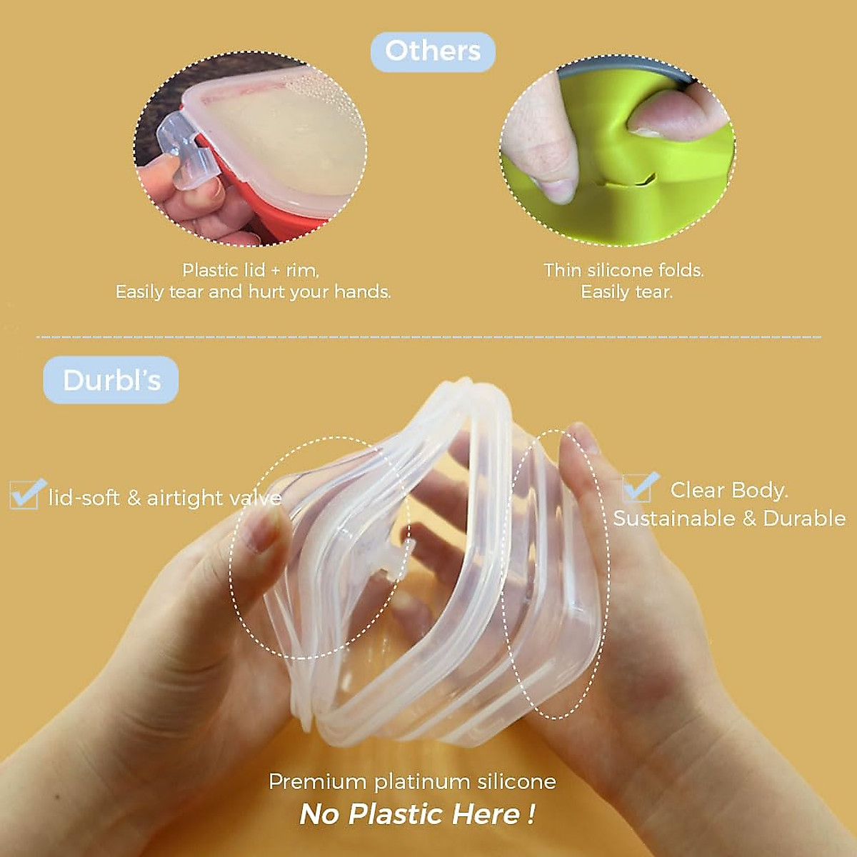 Durbl Collapsible Silicone Food Storage Containers with Silicone Airtight Lids-3 Pack (Violet), Reusable Stacking Lunch Boxes, Kitchen Stacking Container Set for Microwave Freezer Dishwasher Safe…