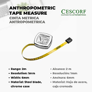 Cescorf Anthropometric Tape Measure with Flat Flexible Steel Blade for Body Circumference Measurements, 6mm x 2m, Metric, with Blank Space Before Zero, Ideal for Dieticians, Nutritionists, Trainers