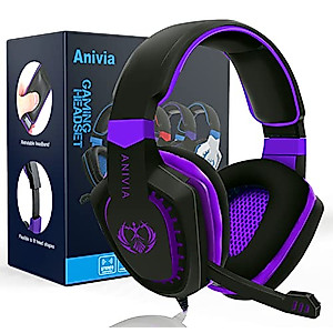 Anivia Computer Over Ear Headphones Wired with Mic Stereo Gaming Headset Noise Isolating Headsets with Volume Control, Bass Surround, Soft Memory Earmuffs for Multi-Platform -AH28plus Black Purple