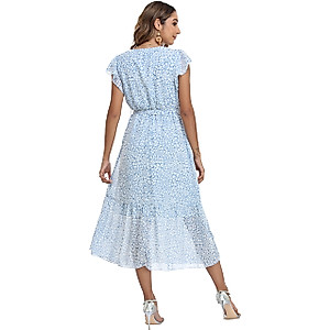 VintageClothing Womens Sundress Casual Floral Summer Boho Dress Flowy Wrap V Neck Ruffle A-Line Pleated Hem Midi Dresses, Floral Light Blue, S