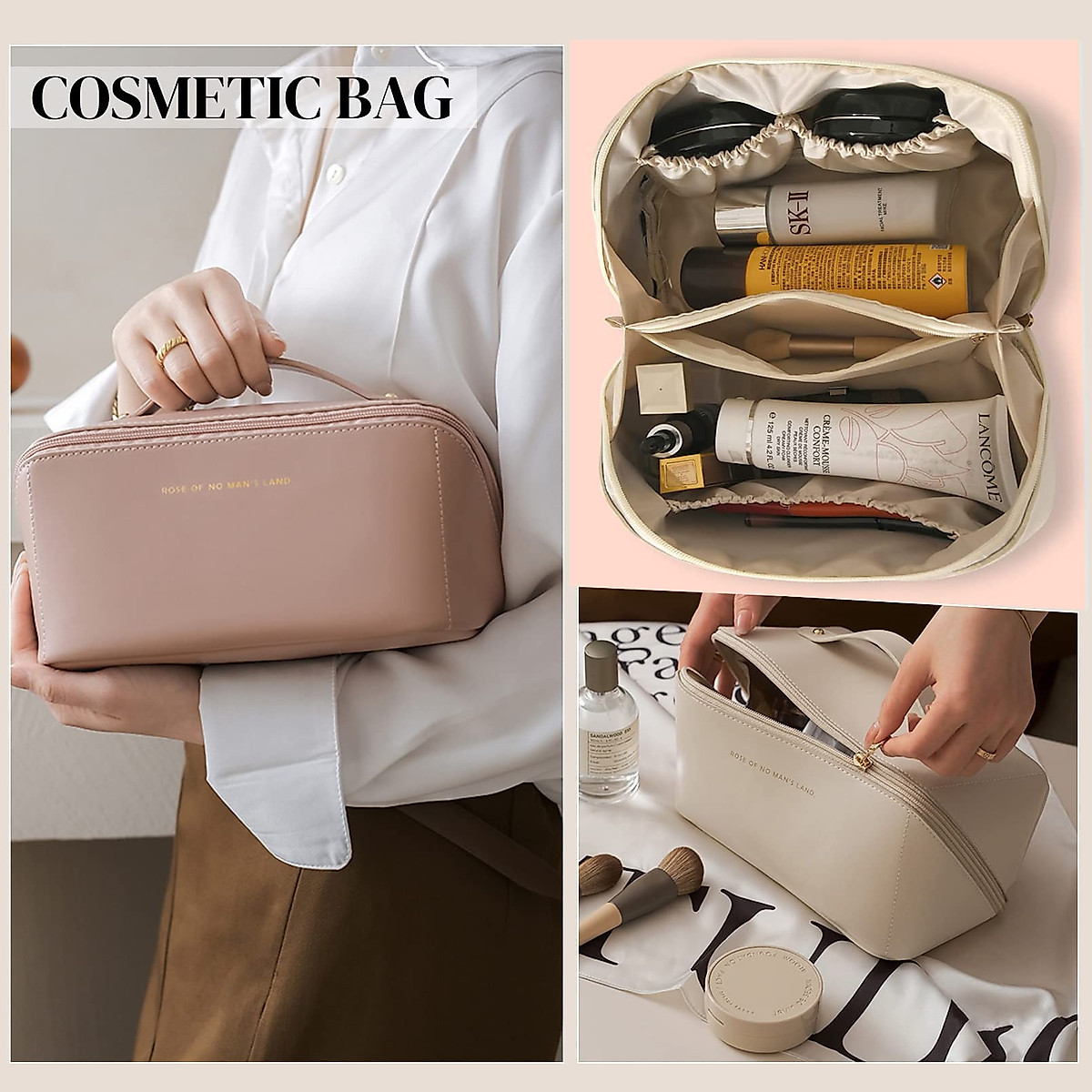 WOPLQA Large Capacity Travel Cosmetic Bag,Leather Multifunctional Storage, with Handle and Divider Travel Cosmetic Bags for Women,Opens Flat for Easy Access,Waterproof Portable Makeup Bag (pink)