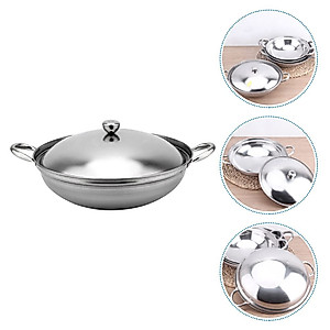 Hemoton 1 Set Stoves Wok Pan Stainless Steel Chinese Fry Pan with Lid Double Handle Cooking Skillet Pot Kitchen Cookware for Home Outdoor Picnic 22cm