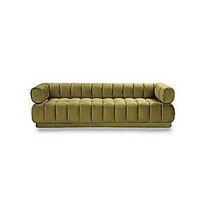 Iconic Home Quebec Sofa Velvet Upholstered Vertical Channel-Quilted Shelter Arm Tufted Design Modern Contemporary, Green