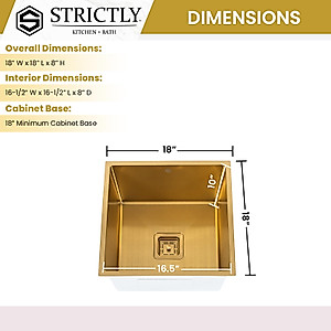 Strictly Sinks Undermount Bar Prep Sink – 18 Inch 16 Gauge Embossed Leather Texture Gold Wet Bar Prep Kitchen Sink with Bottom Grid and 1 Square Strainer Drain