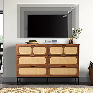 Rattan 6 Drawer Dresser Mid Century Modern Dresser Chest of Drawers Boho Farmhouse 6 Drawer Cabinet with Wide Drawers Metal Legs Storage Dressers Chest for Bedroom, Living Room